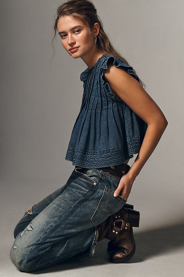 PILCRO Pilcro Jade 100% Cotton Pintucked Blouse with Ruffle Sleeves
